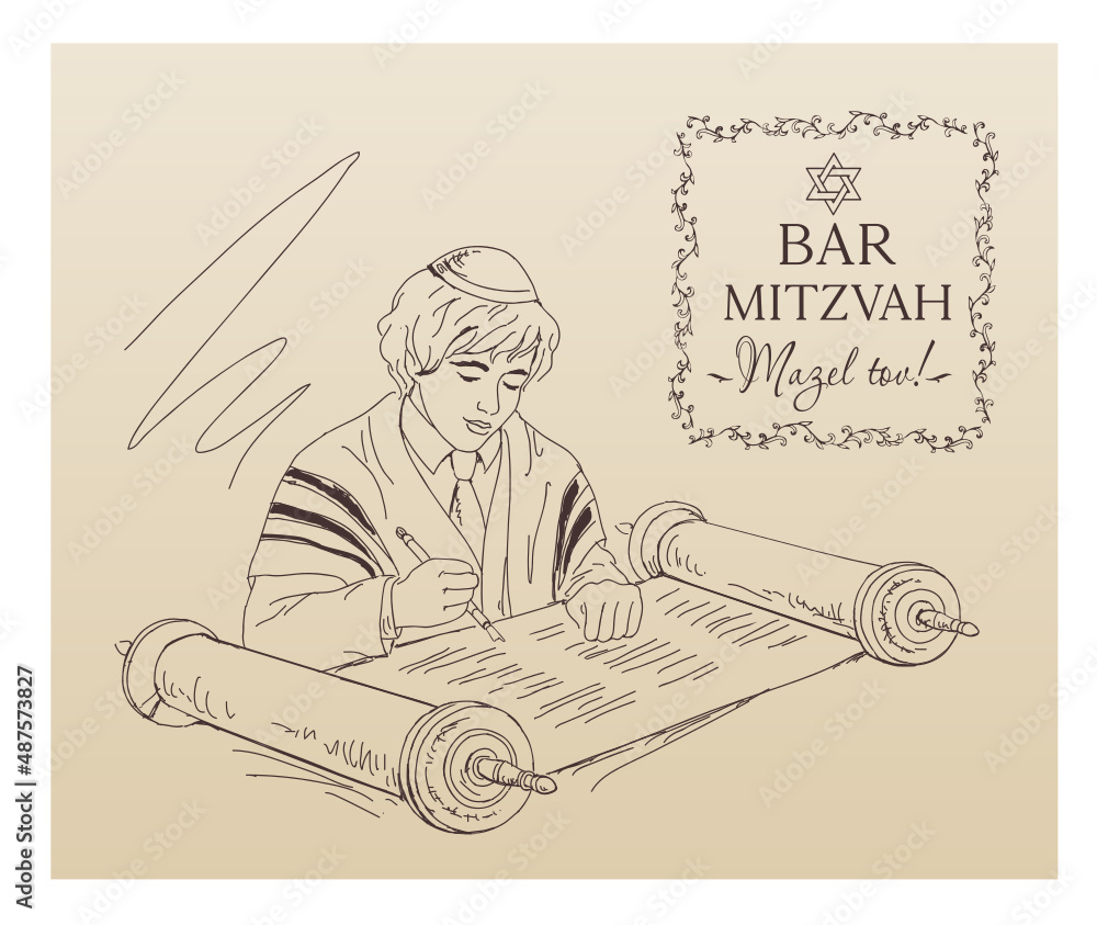 Jewish boy reading Torah scroll on Bar Mitzvah ceremony. Hand drawing ...