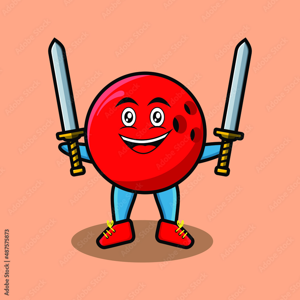Cute cartoon Bowling ball character holding two sword in 3d modern ...
