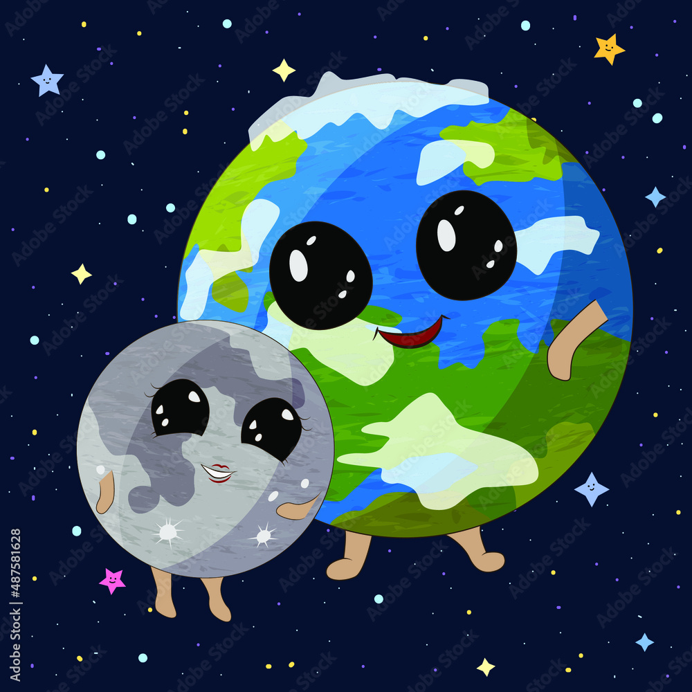 Cartoon Earth and Moon on space background, vector illustration Stock ...
