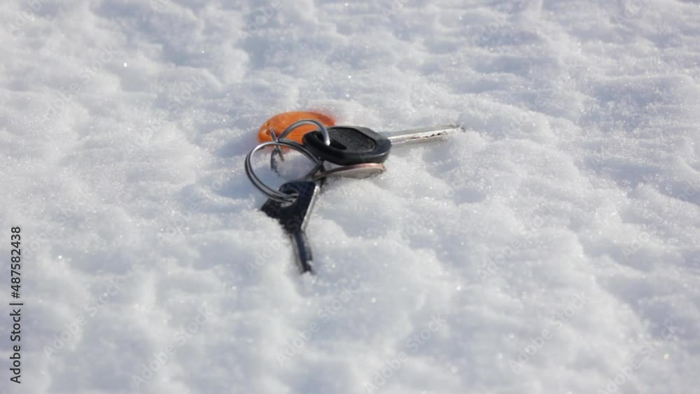 The bunch of keys in the snow. Lost keys. Find the keys to the ...