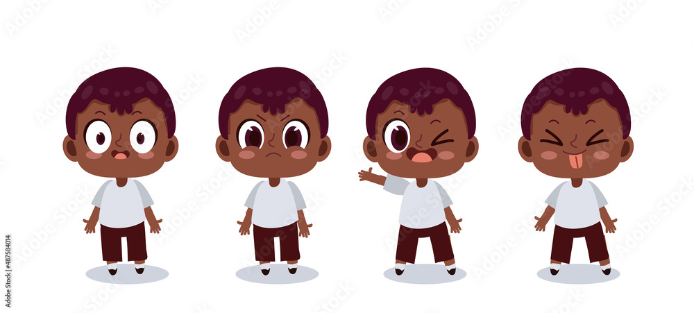 Kawaii cute african american boy character in various emotion. cartoon ...