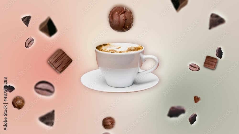 Chocolate crumbs and coffee beans flying in the air among ground cup of ...