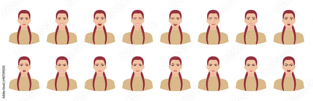 Set of white pink-haired woman emotions. Variations of female facial ...