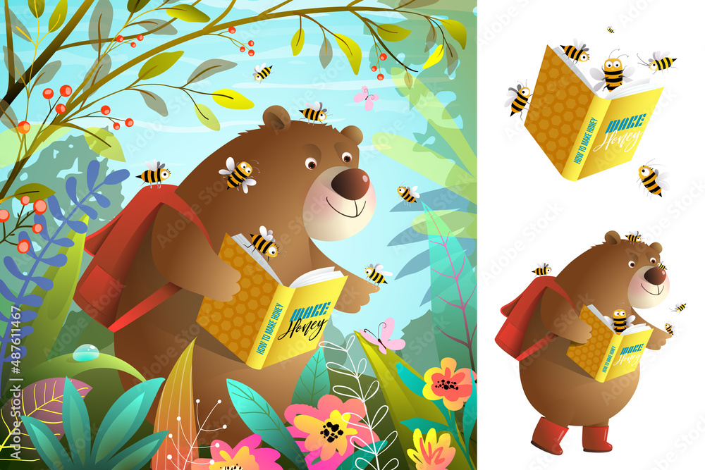 Bear reading studying book in the forest with bees reading a book ...
