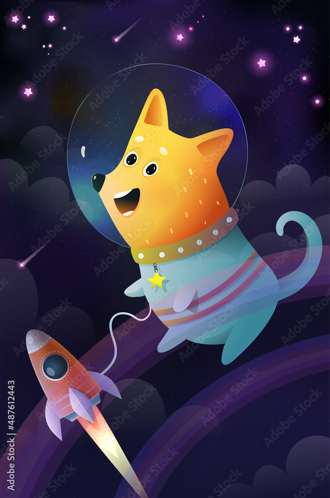 Space dog in cosmos with a rocket, stars clouds and rainbow. Funny and ...