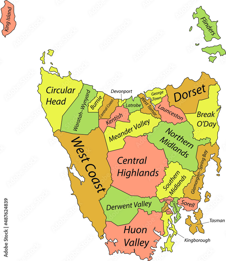 Pastel flat vector administrative map of local government areas of the ...