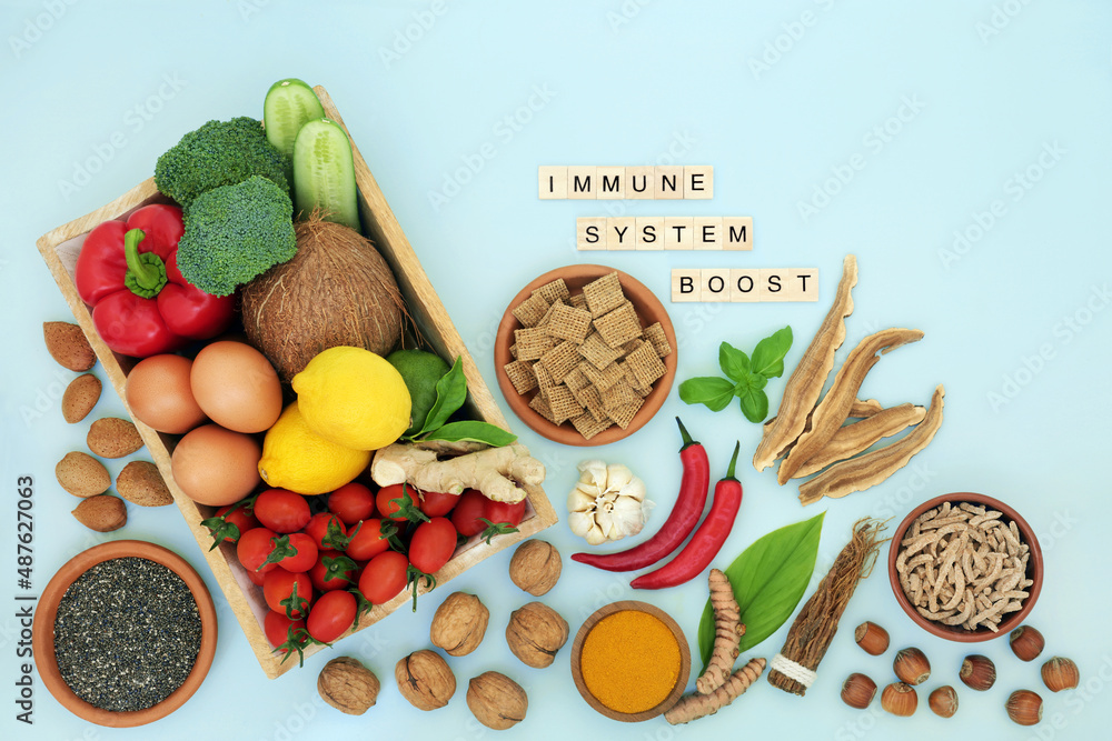 Health food for immune system boost with vegetables, fruit and ...