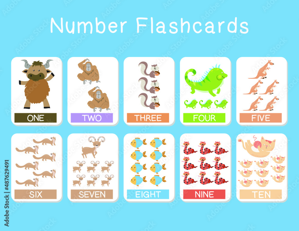 Vetor de Cute number flashcards with animals set. English counting 1 to ...