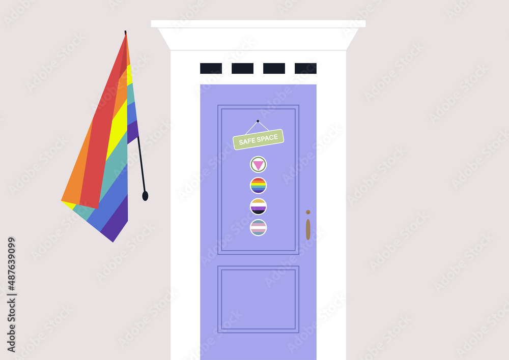 LGBTQ friendly safe space, a door with a hanging sign and colorful ...