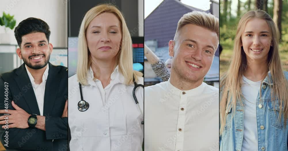 Montage footages of attractive smiling happy young men and women which ...