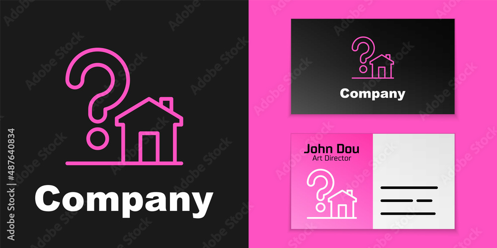 Pink line House with question mark icon isolated on black background ...