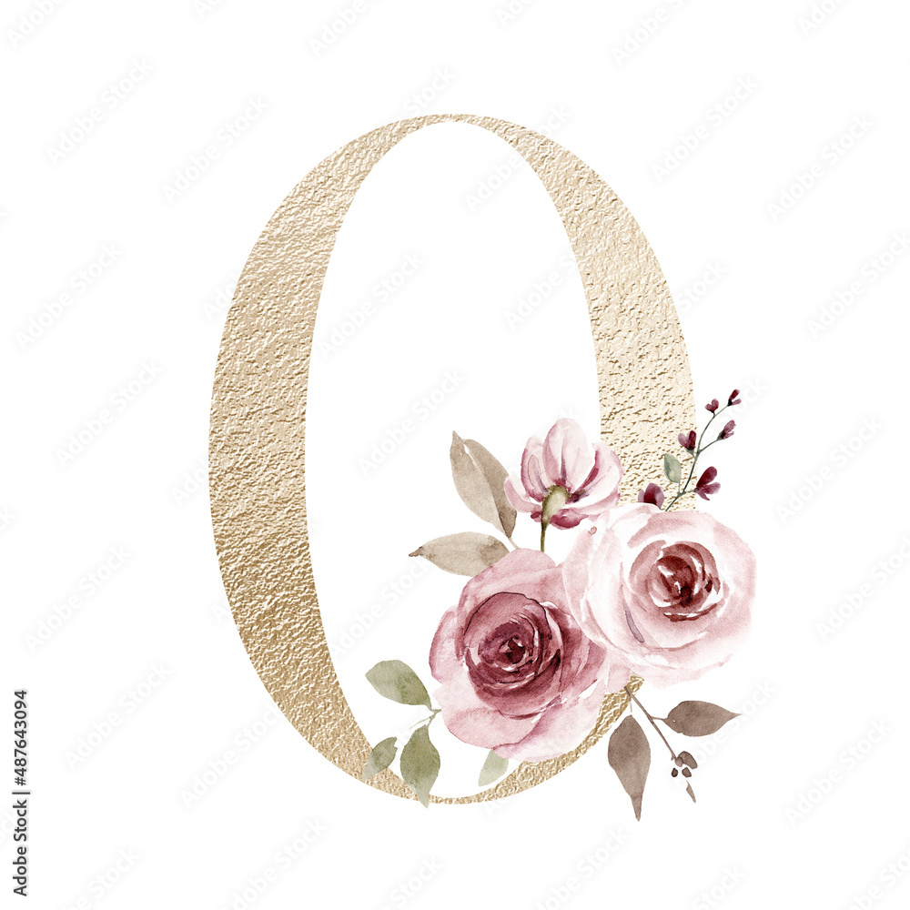 Gold number 0 with watercolor flowers roses and leaf. Perfectly for ...
