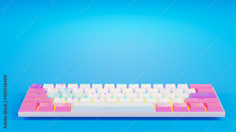 Cartoon keyboard with pink keys and backlight, on a blue background ...