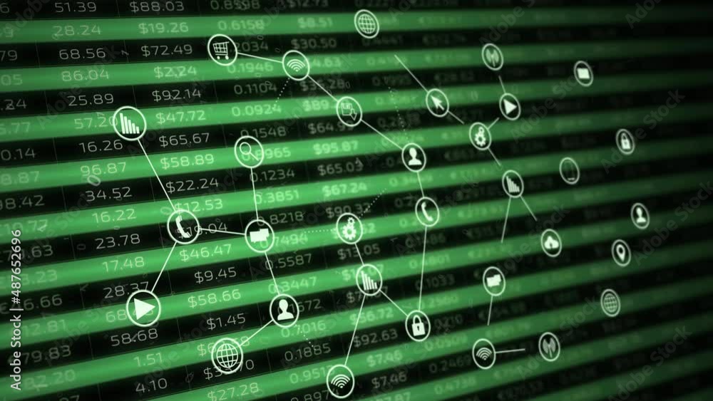 Green business technology network icon symbols animation on chart data ...