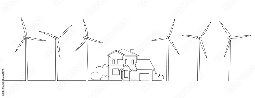 Wind farm turbines and windmill with family house in One continuous ...