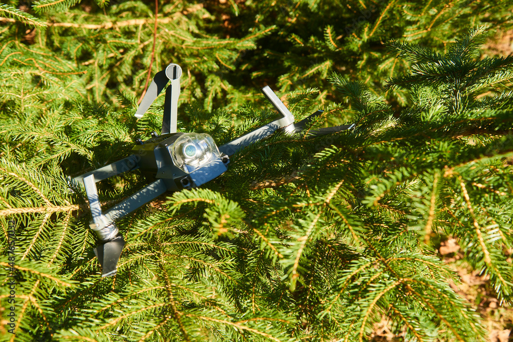 Drone quadcopter accident scene. UAV Quadrocopter crashed on tree in ...