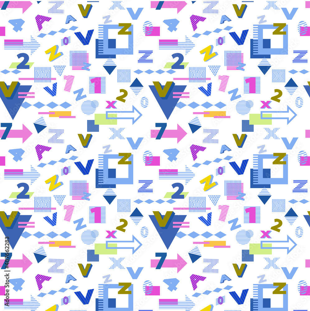 A pattern of numbers and letters and geometric shapes Stock ...