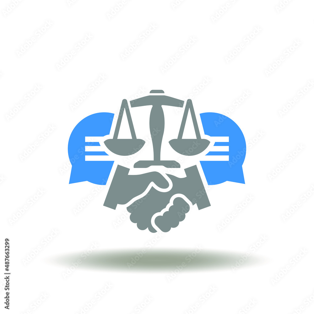 Vector illustration of handshake with scales and speech bubbles. Icon ...