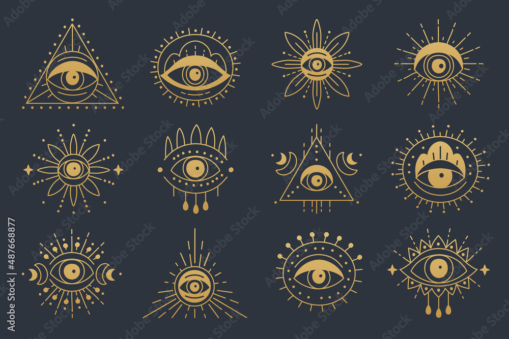 Line art icon set of evil seeing eye. Gold mystic esoteric signs linear ...