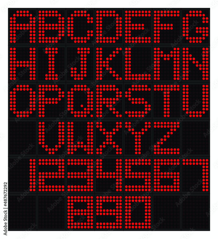 Led display alphabet with digital font style. Red light effect vector ...