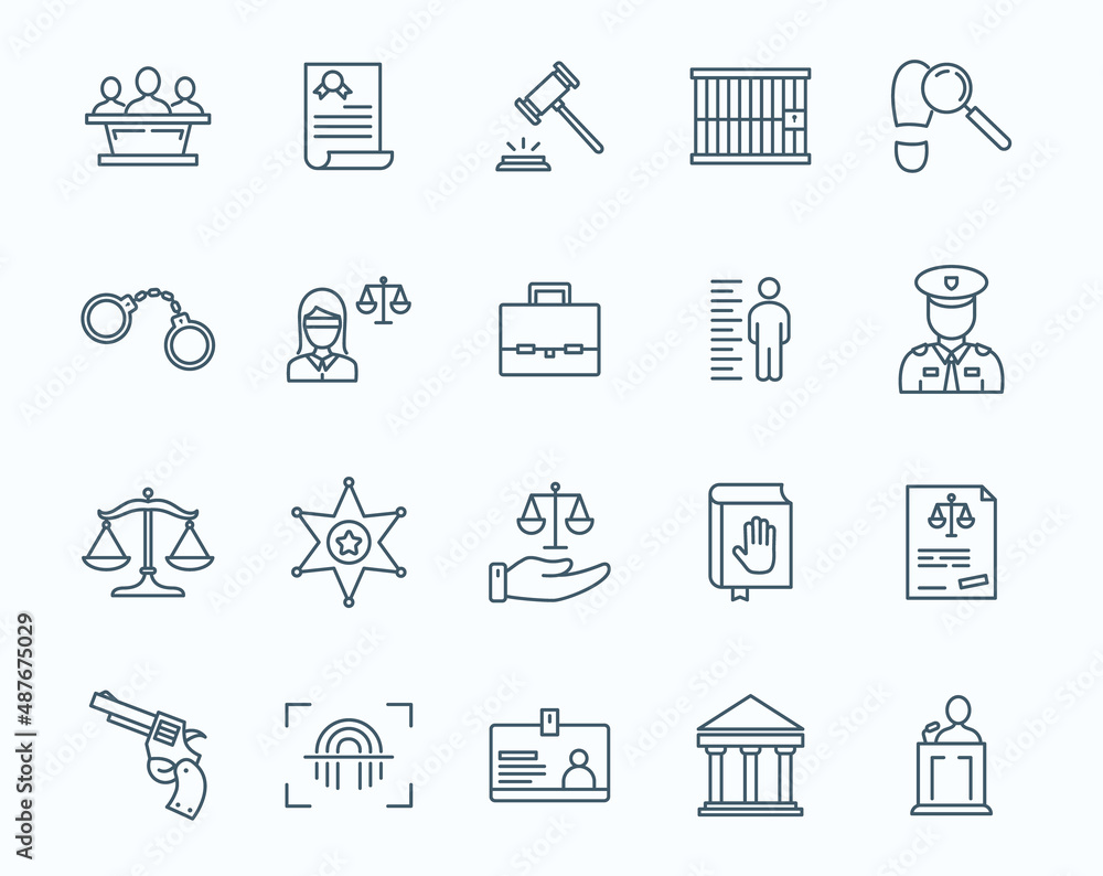 Law legal justice court line icon set. Hammer courtroom vector judge ...