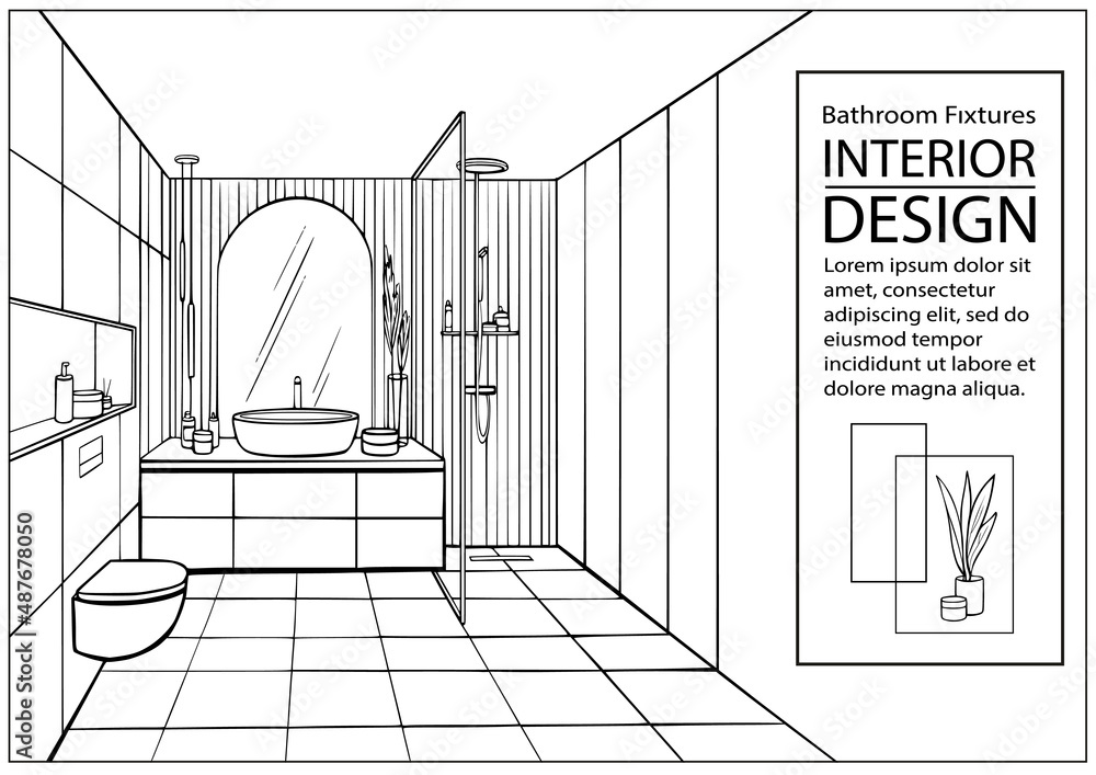 Modern bathroom interior sketch. Concept of house design. Outline ...
