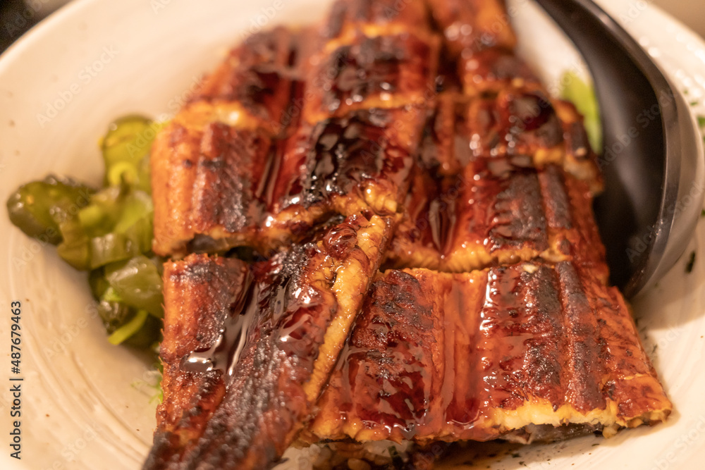 Unagi Don, Japanese grilled eel with teriyaki sauce serve with rice ...