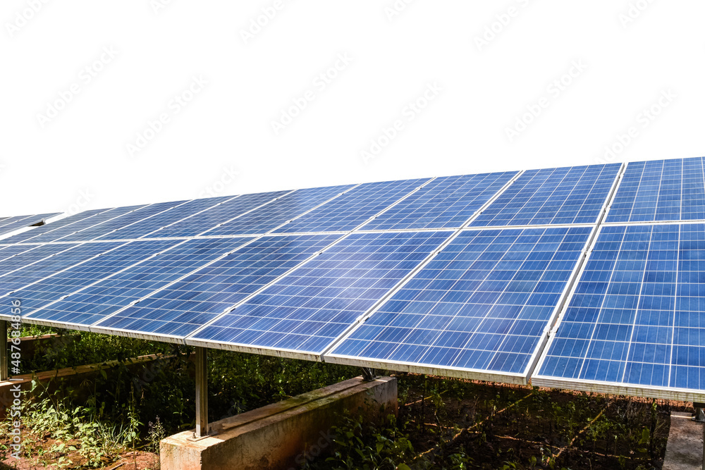 Solar module panels with green grass isolated on white background with ...