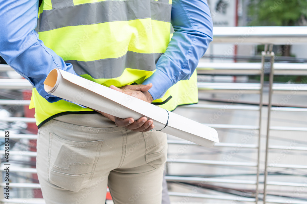 engineer, worker or architect holding in hand blueprint. Back view of ...