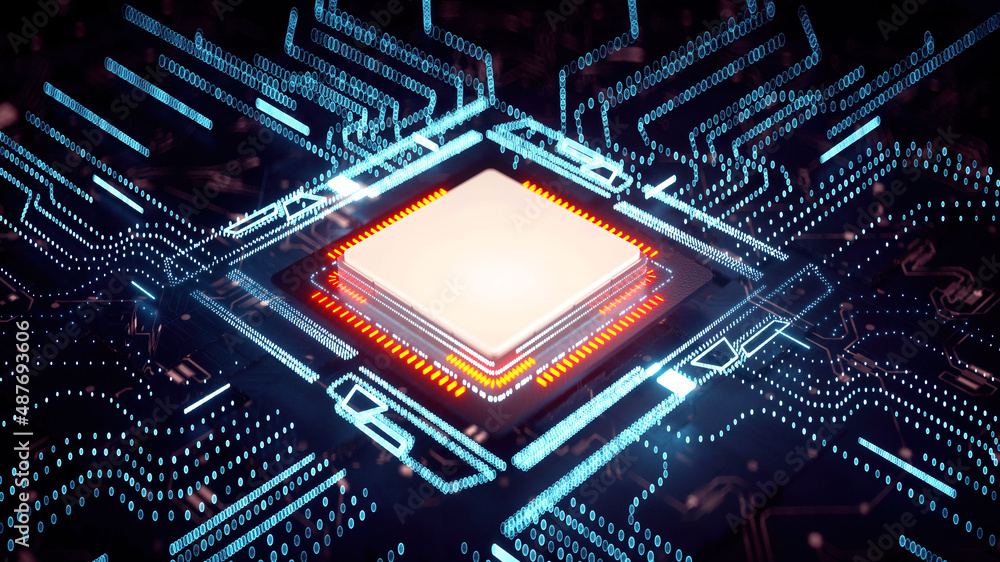 3D rendering of cyberpunk AI. Circuit board. Technology background ...