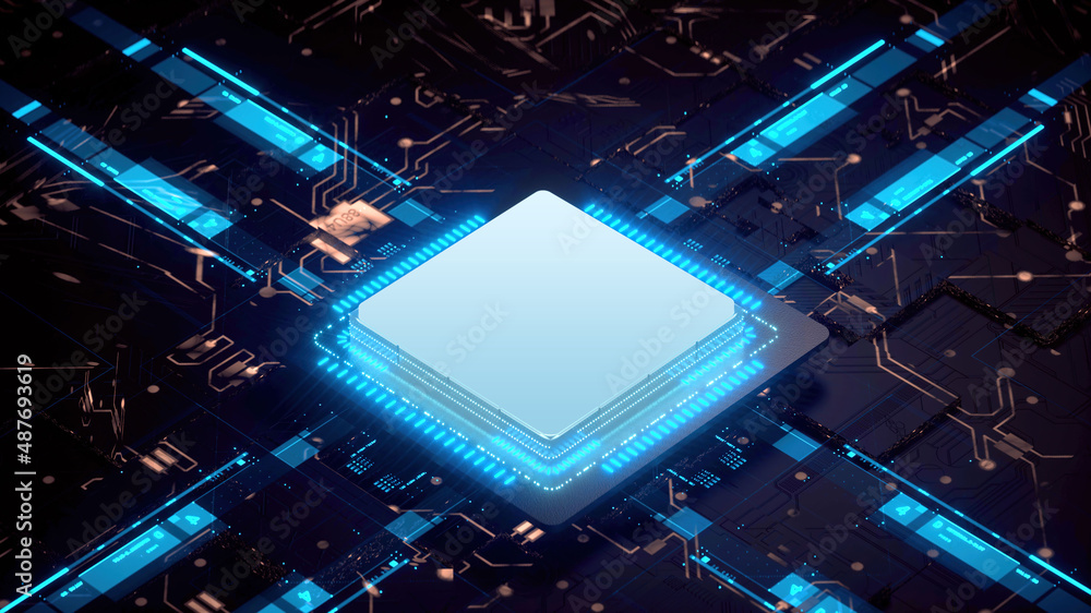 3D rendering of cyberpunk AI. Circuit board. Technology background ...