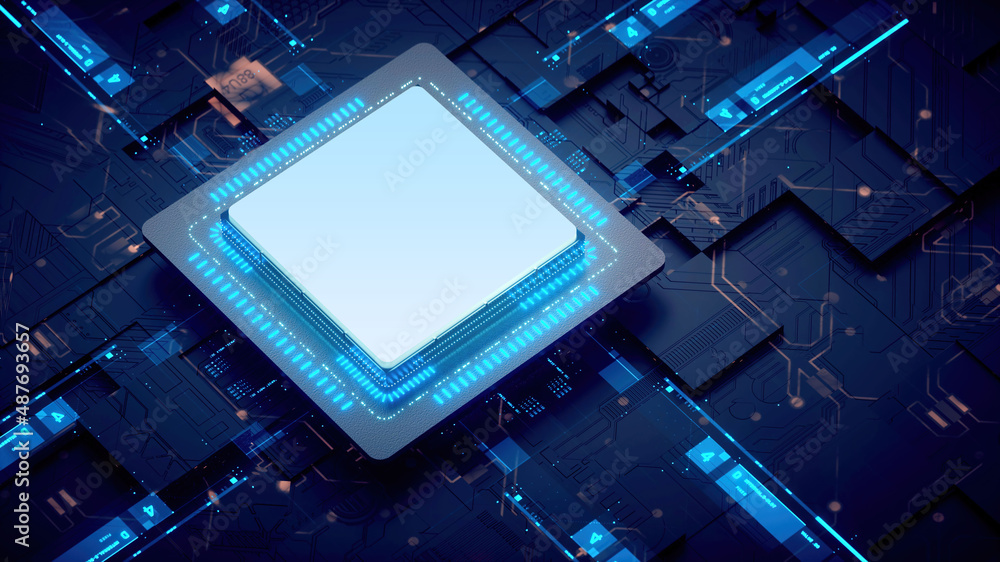 3D rendering of cyberpunk AI. Circuit board. Technology background ...