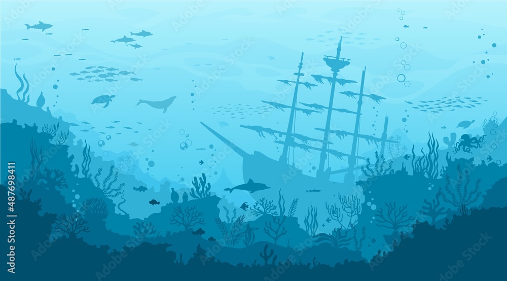 Ocean underwater landscape with sunken sailing ship, seaweed and reef ...