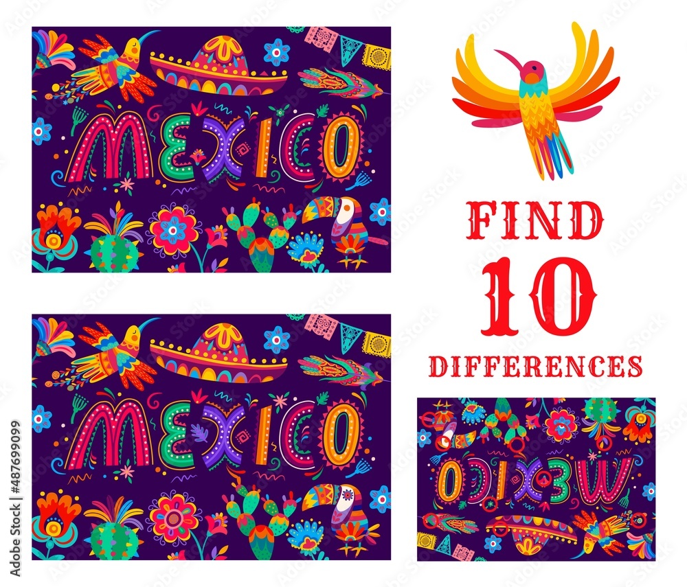 Find differences game worksheet with mexican birds, flowers and ...