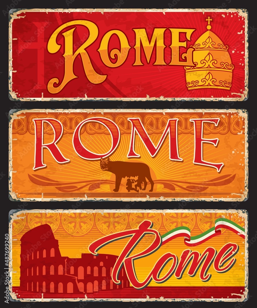 Italian Rome city travel stickers and plates. Italian capital city ...