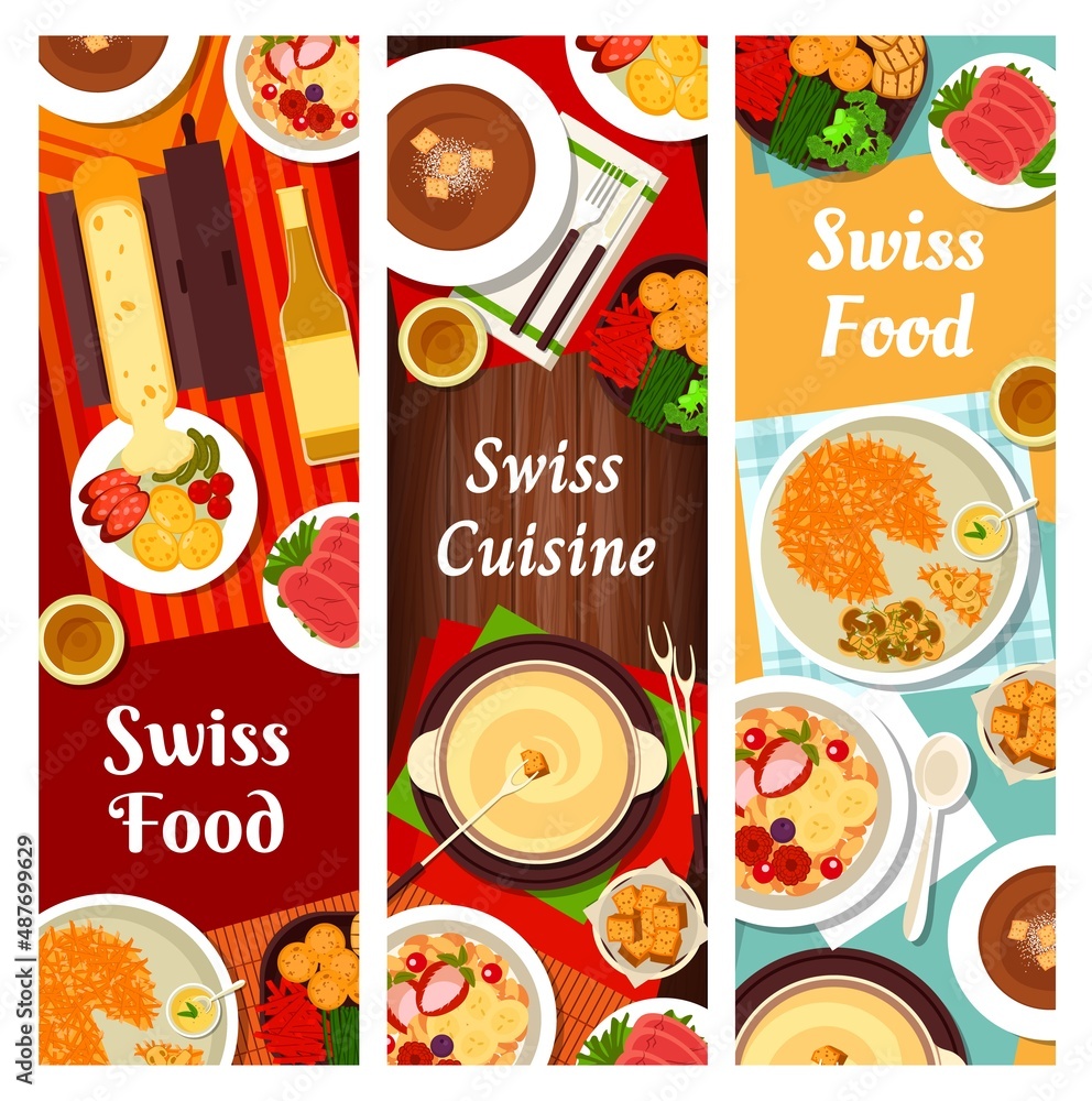 Vetor de Swiss cuisine banners, Switzerland food dishes and meals ...