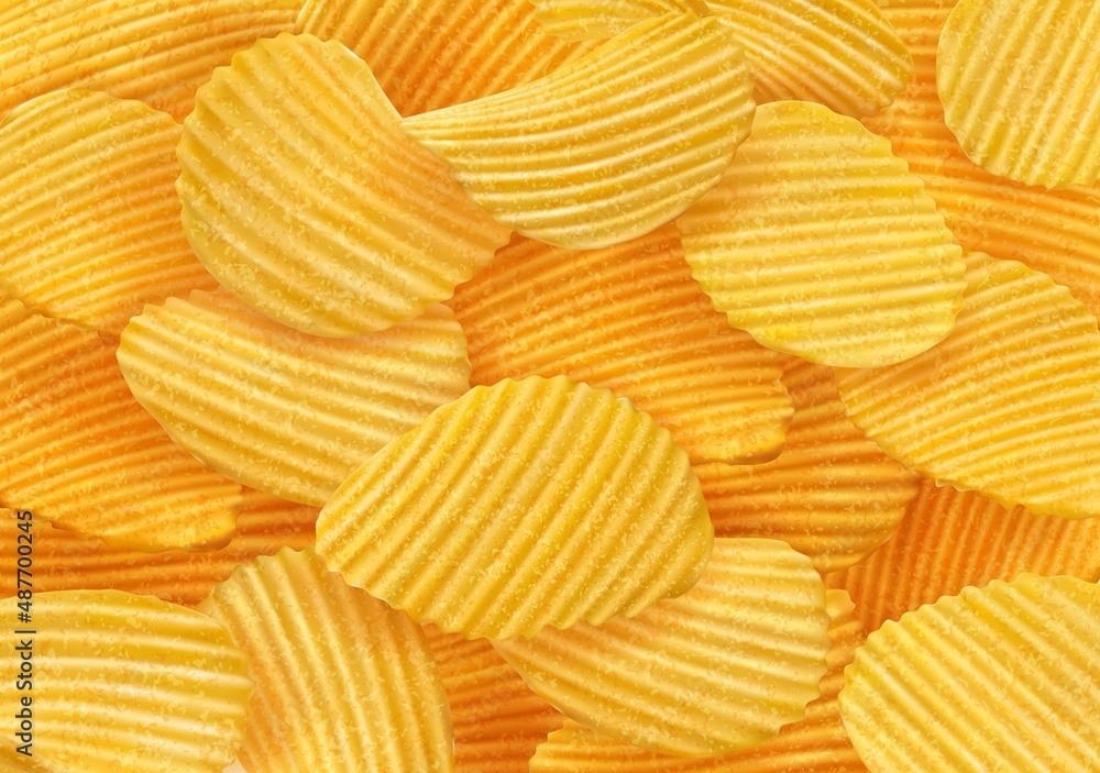Realistic crispy ripple potato chips background. 3d vector texture with ...