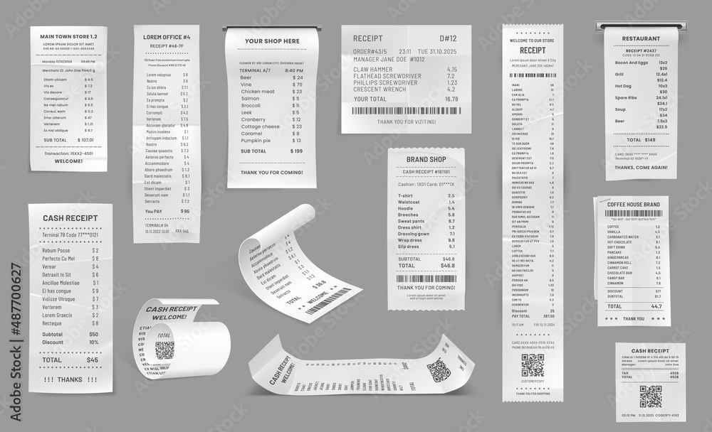 Shop receipt, cash paper bill, purchase invoice. Vector supermarket ...