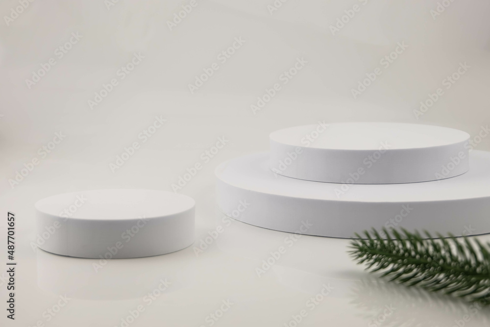 White background with white pallet props and green pine leaves ...