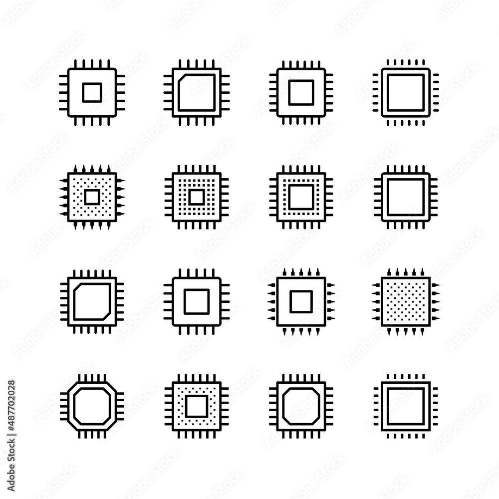 CPU line icon set. Central processing unit outline icon in flat design ...