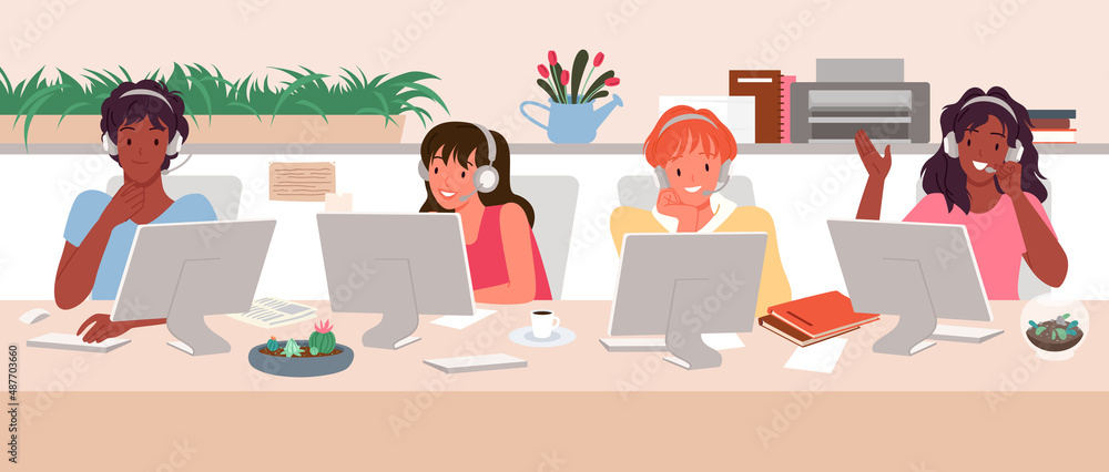 Call center with operators characters vector illustration. Cartoon ...