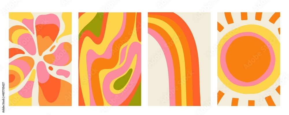 Abstract background set. Vertical retro style backdrop, hippie poster ...