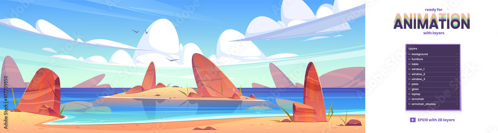 Sea nature landscape, ocean shallow parallax background with 2d ...