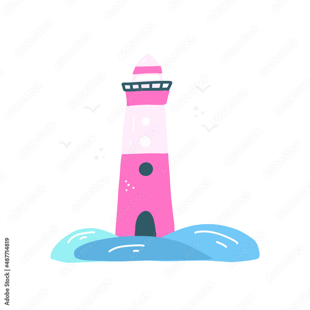 Cartoon lighthouse near the sea and seagulls. Cute illustration for ...