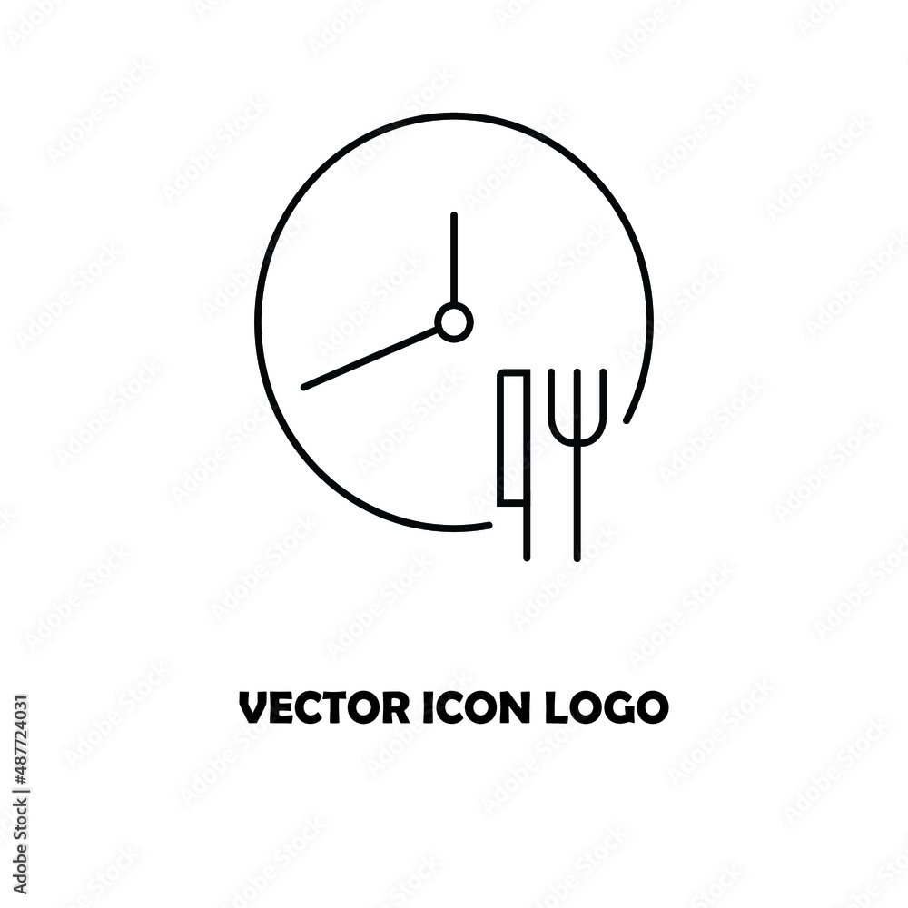Dinner time, clock. Plate, fork, knife icon. Food symbol for bar, cafe ...