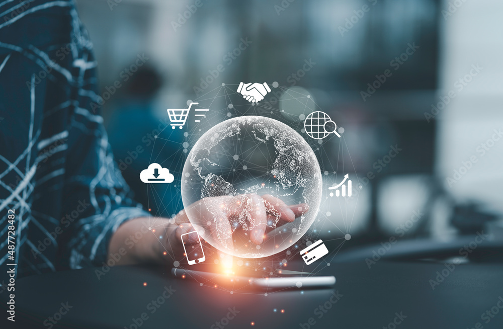 Businesswoman using mobile phone for communication working and ...