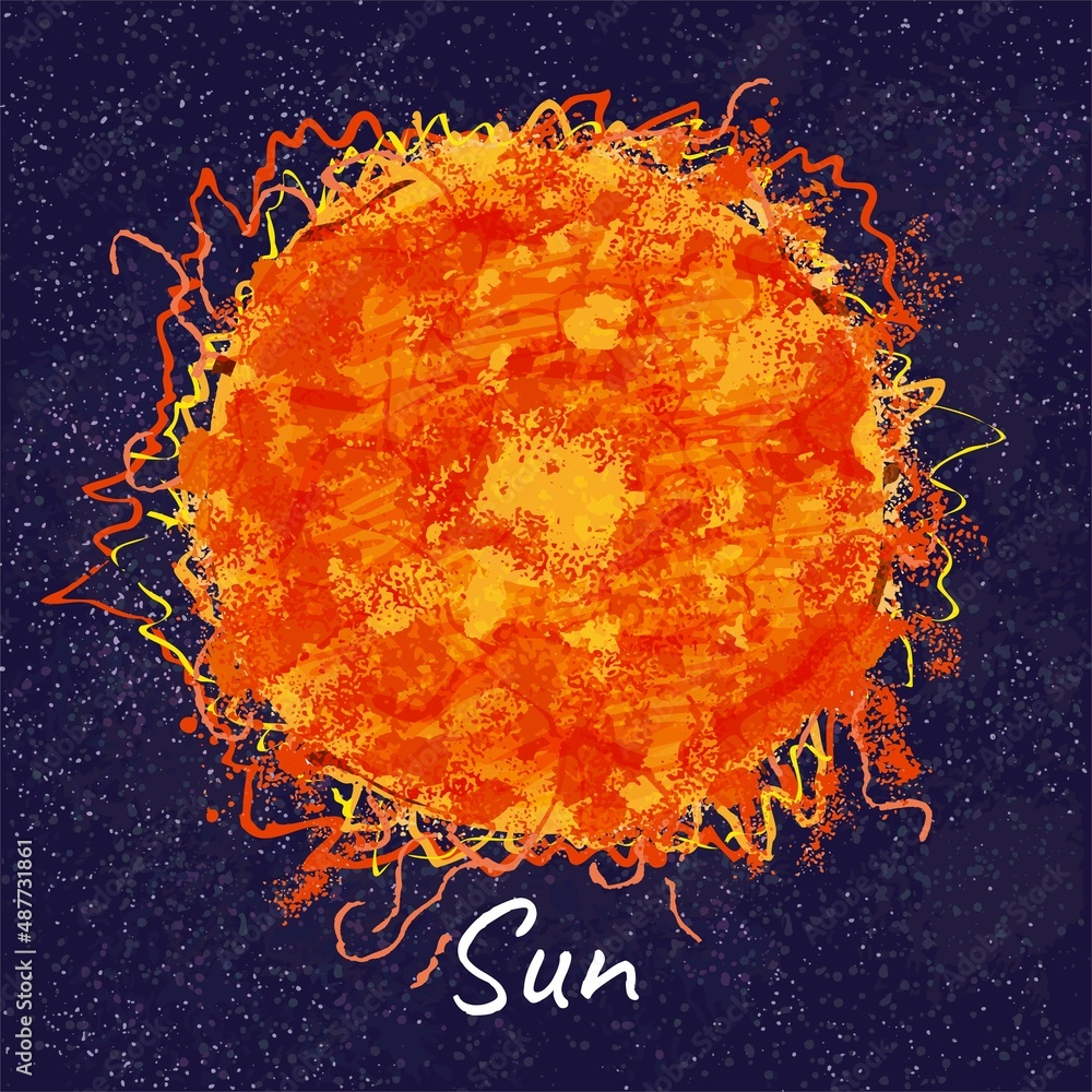 Bright orange-yellow Star Sun on dark blue space background. Vector ...