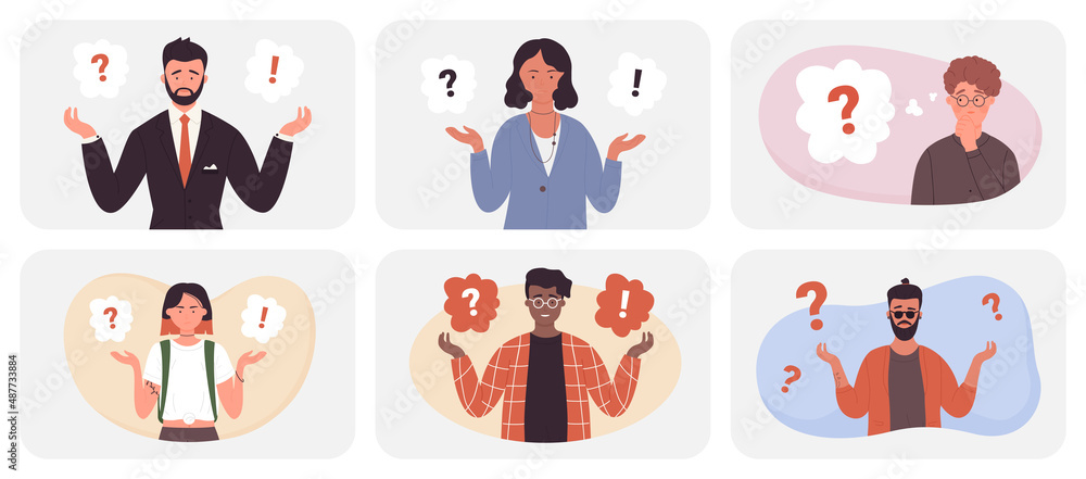 People with question and exclamation mark set vector illustration ...