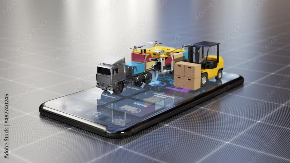 Large logistics trucks, forklifts and flying drones deliver logistics ...