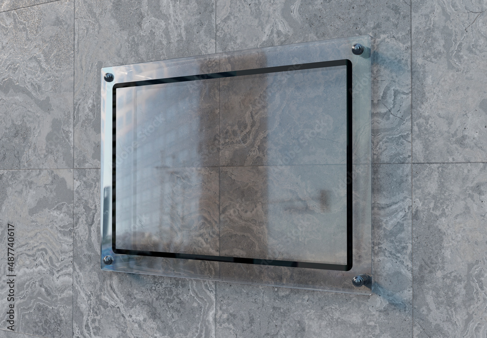 Transparent glass sign plate on wall mockup. Template of a blank ...